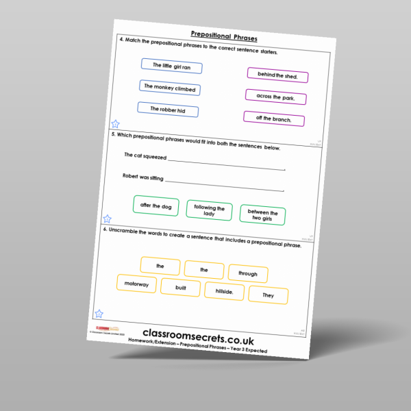 Year 3 Prepositional Phrases Homework 2 Resource | Classroom Secrets