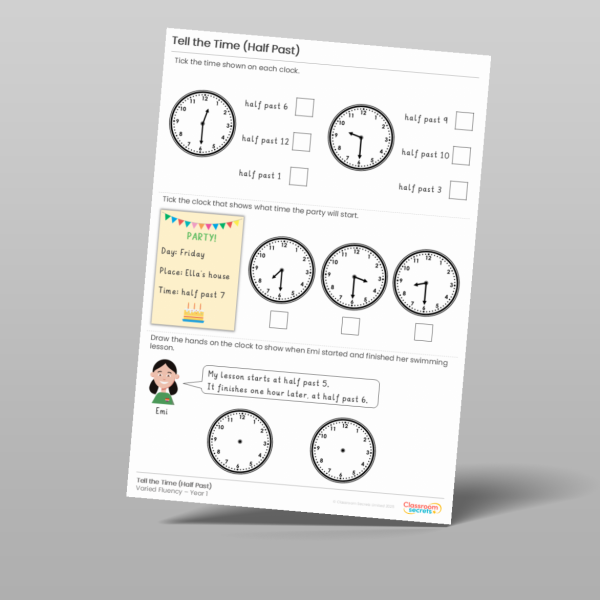 Year 1 Tell The Time Half Past Varied Fluency Resource | Classroom Secrets