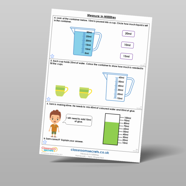 Year 2 Measure In Millilitres Homework Resource | Classroom Secrets Year 2 Measure In Millilitres Homework Resource | Classroom Secrets