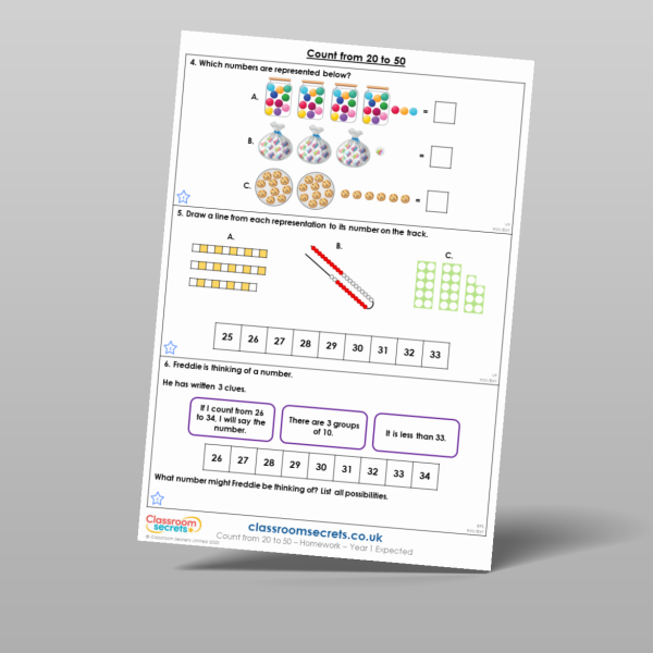 Year 1 Count From 20 To 50 Homework Resource | Classroom Secrets