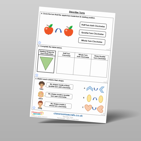 Year 2 Describe Turns Homework Resource | Classroom Secrets