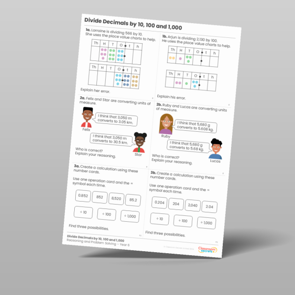 Year 6 Divide Decimals By 10 100 And 1 000 Reasoning And Problem ...