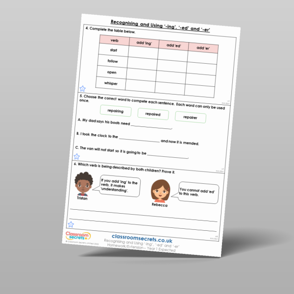 Year 1 Recognising And Using Ing Ed And Er Homework Resource Classroom Secrets