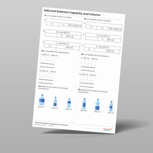 Year 3 Add And Subtract Capacity And Volume Varied Fluency 2 Resource ...