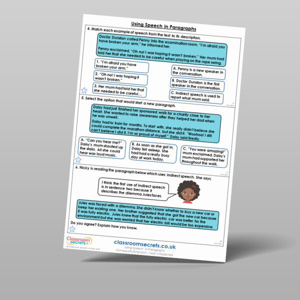 Year 4 Using Speech In Paragraphs Homework Resource | Classroom Secrets