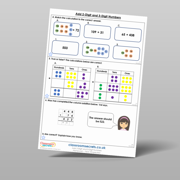 Year 3 Add 2 Digit And 3 Digit Numbers Homework Resource | Classroom ...