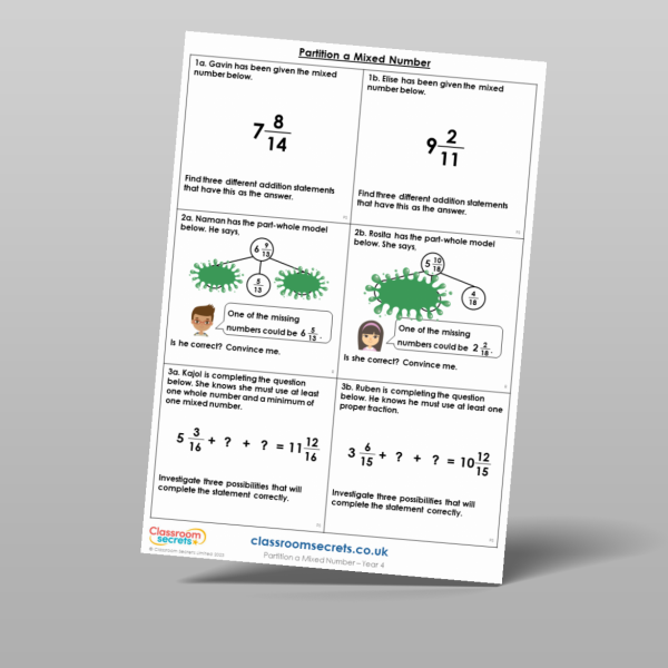 Year 4 Partition A Mixed Number Reasoning And Problem Solving Resource ...