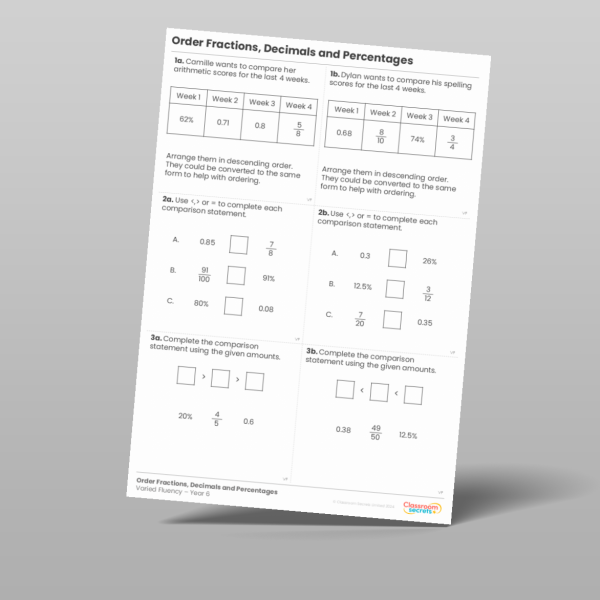 Year 6 Order Fractions Decimals And Percentages Varied Fluency 2 ...
