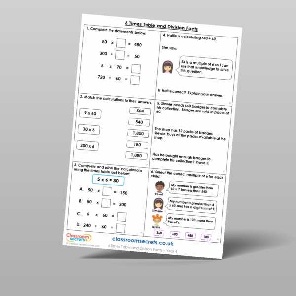 Year 4 6 Times Table And Division Facts Mixed Activity Resource ...