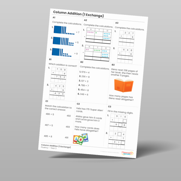 Year 3 Column Addition 1 Exchange Fluency Matrix Resource | Classroom ...