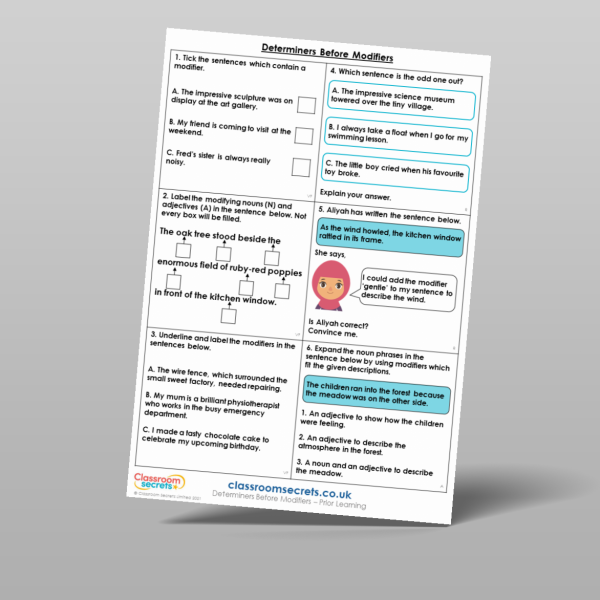 Year 4 Determiners Before Modifiers Prior Learning Resource Classroom Secrets