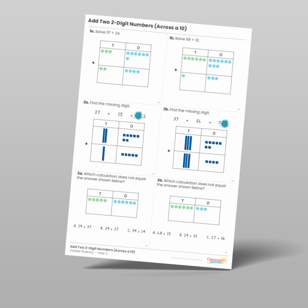 Add Two 2-Digit Numbers (Across a 10) Varied Fluency Resource ...