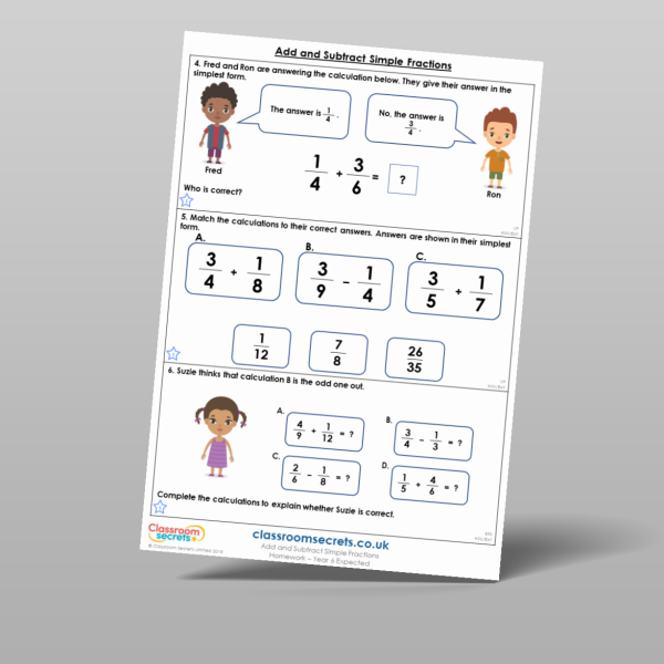 Year 6 Add And Subtract Simple Fractions Homework Resource | Classroom ... Year 6 Add And Subtract Simple Fractions Homework Resource | Classroom ...