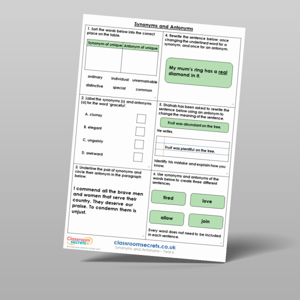 Year 6 Synonyms And Antonyms Mixed Activity Resource | Classroom Secrets