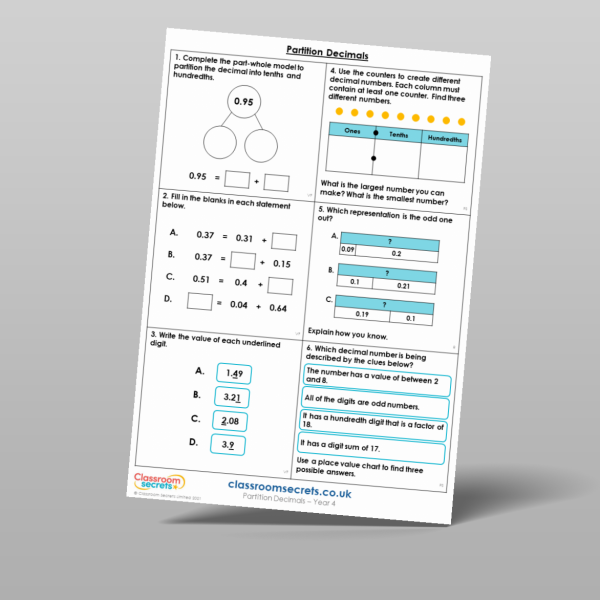Year 4 Partition Decimals Mixed Activity Resource | Classroom Secrets
