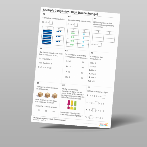 Year 3 Multiply 2 Digits By 1 Digit No Exchange Fluency Matrix Resource ...