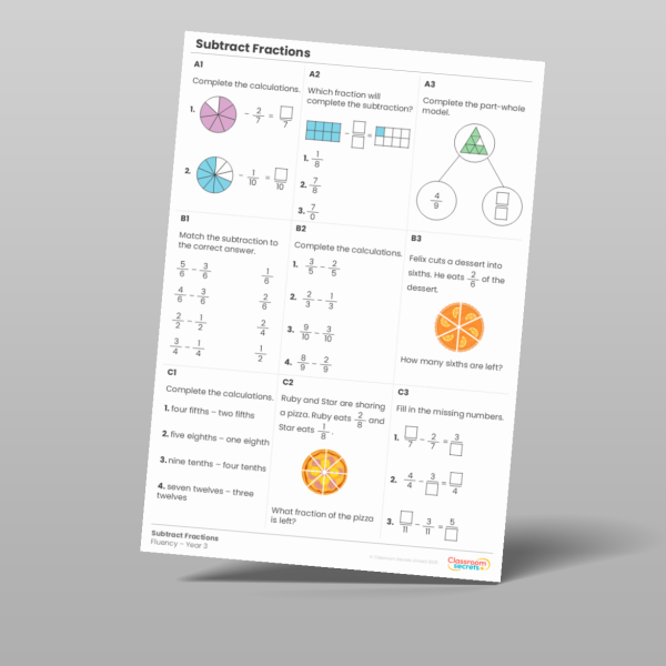 Year 3 Subtract Fractions Fluency Matrix Resource | Classroom Secrets