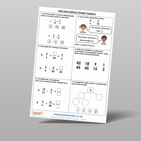 Year 6 Add And Subtract Simple Fractions Mixed Activity Resource ...