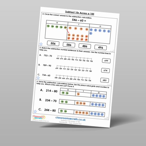 Year 3 Subtract 10s Across A 100 Homework Resource | Classroom Secrets