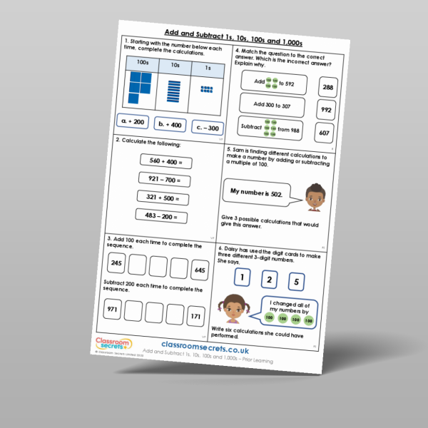 Year 4 Add And Subtract 1s 10s 100s And 1000s Prior Learning Resource ...