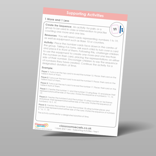 Year 1 1 More And 1 Less Supporting Activity Resource | Classroom Secrets