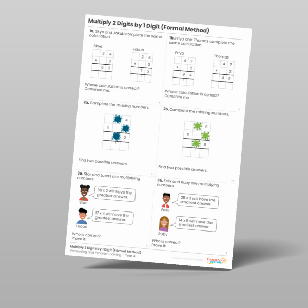 Year 4 Multiply 2 Digits By 1 Digit Formal Method Reasoning And Problem Solving Resource ...