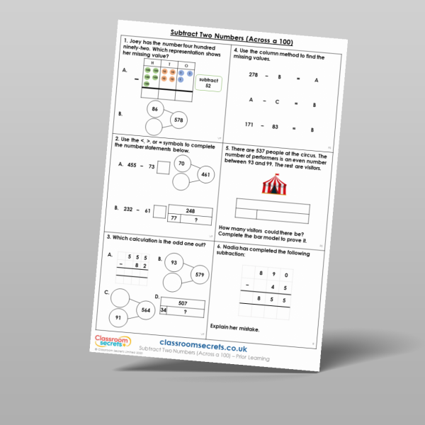 Year 3 Subtract Two Numbers Across A 100 Prior Learning Resource ...