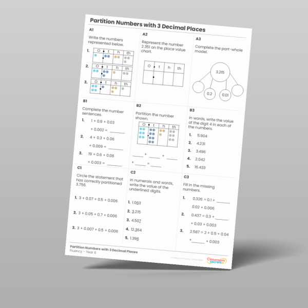 Year 6 Partition Numbers With 3 Decimal Places Fluency Matrix Resource ...