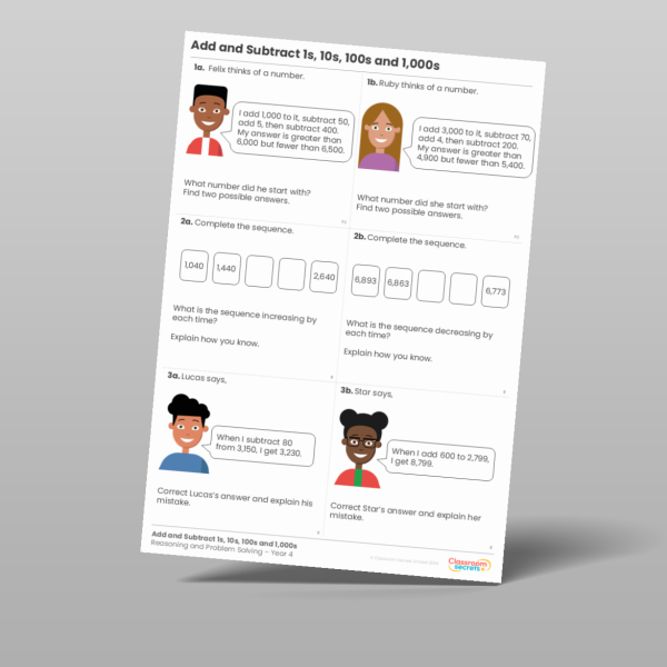 Year 4 Add And Subtract 1s 10s 100s And 1 000s Reasoning And Problem ...