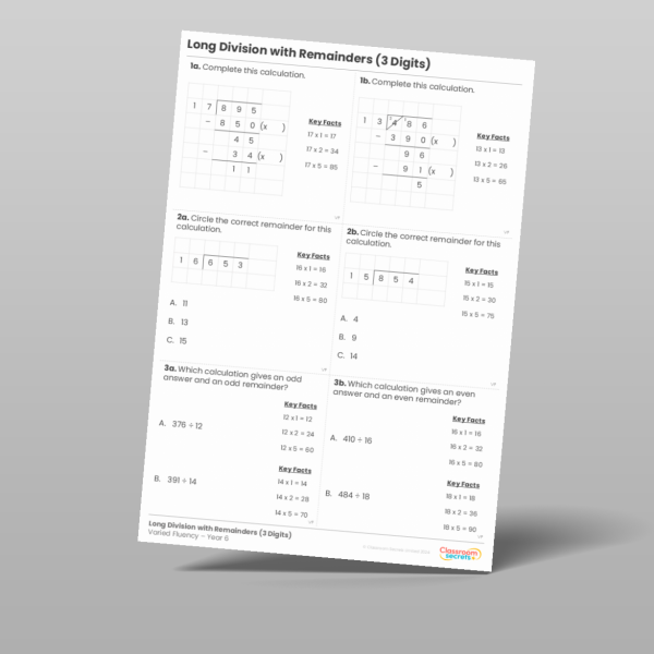 Year 6 Long Division With Remainders 3 Digits Varied Fluency Resource ...