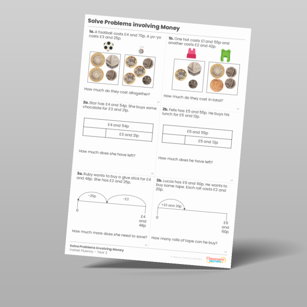 Year 3 Solve Problems Involving Money Varied Fluency Resource ...