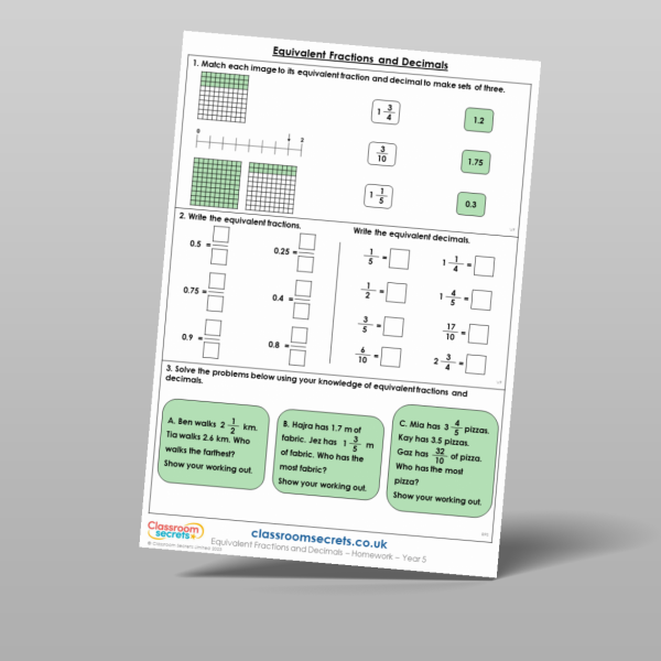 Year 5 Equivalent Fractions And Decimals Homework Resource | Classroom ...