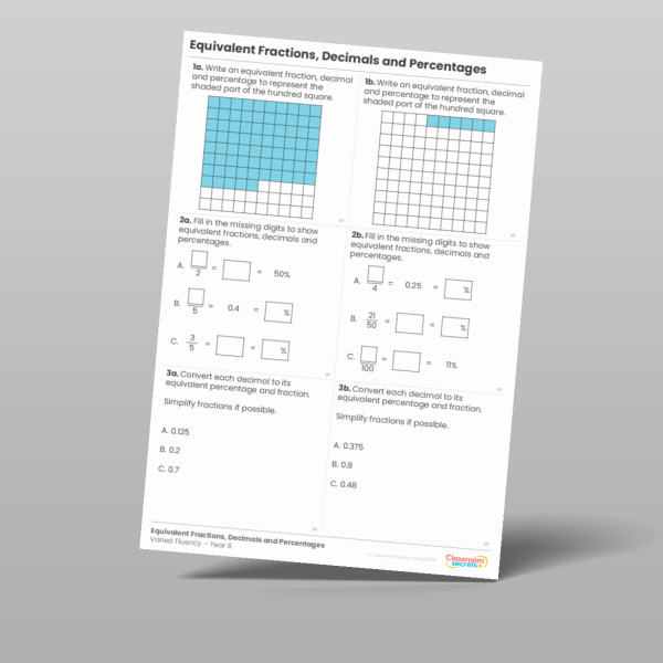 Year 6 Equivalent Fractions Decimals And Percentages Varied Fluency 2 ...