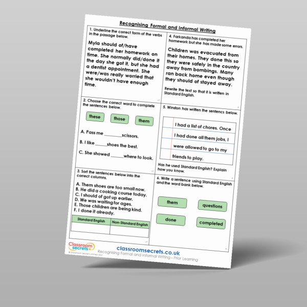 Year 6 Recognising Formal And Informal Writing Prior Learning Resource ...