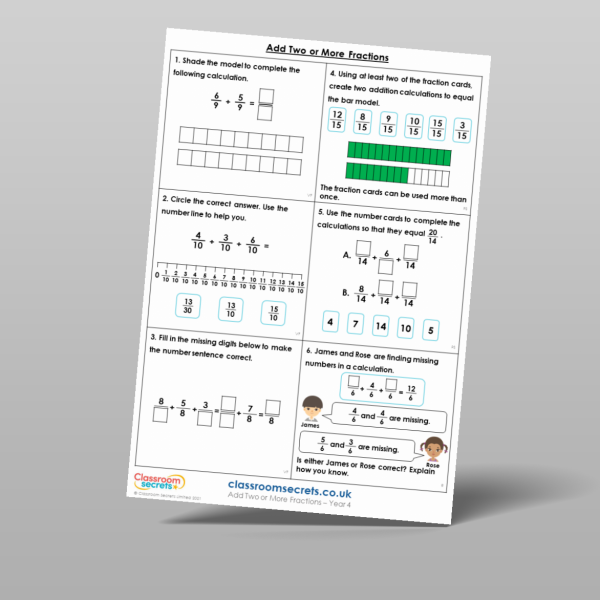 Year 4 Add 2 Or More Fractions Mixed Activity Resource | Classroom Secrets