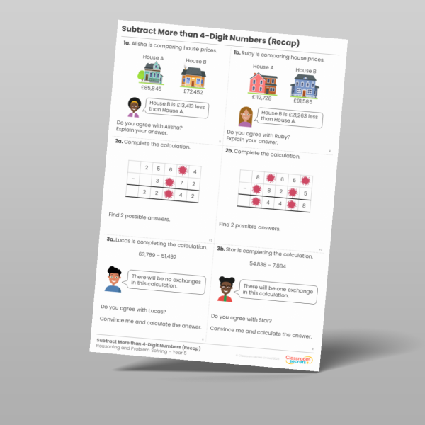 Year 5 Subtract More Than 4 Digit Numbers Recap Reasoning And Problem Solving Resource ...