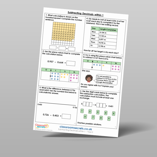 Year 5 Subtracting Decimals Within 1 Mixed Activity Resource ...