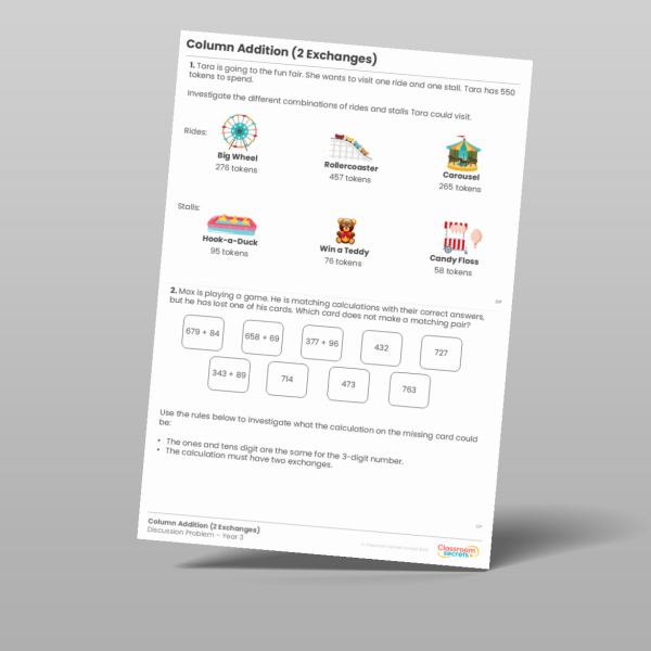 Year 3 Column Addition 2 Exchanges Discussion Problem Resource ...