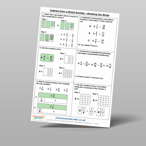Year 5 Subtract From A Mixed Number Breaking The Whole Mixed Activity ...