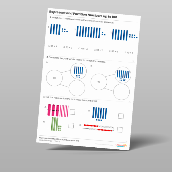 Year 3 Represent And Partition Numbers Up To 100 Varied Fluency 2 ...