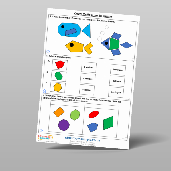 Year 2 Count Vertices On 2d Shapes Homework Resource | Classroom Secrets