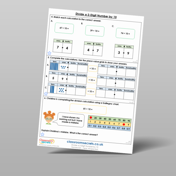 Year 4 Divide A 2 Digit Number By 10 Homework Resource | Classroom Secrets