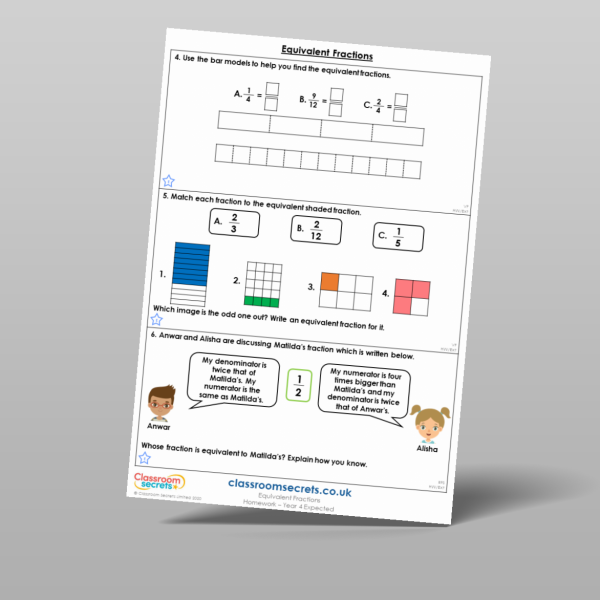 Year 4 Equivalent Fractions Homework Resource | Classroom Secrets