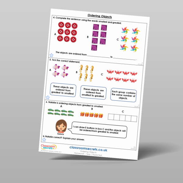 Year 1 Ordering Objects Homework Resource | Classroom Secrets