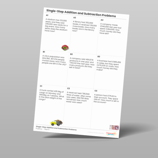 Year 5 Single Step Addition And Subtraction Problems Fluency Matrix Resource | Classroom Secrets