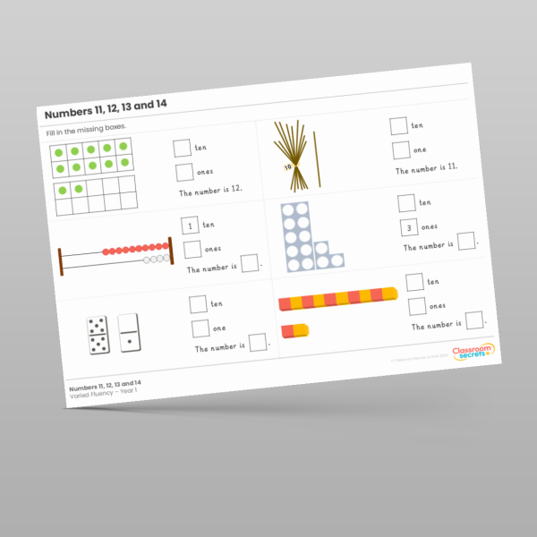 Year 1 Numbers 11 12 13 And 14 Varied Fluency Resource | Classroom Secrets