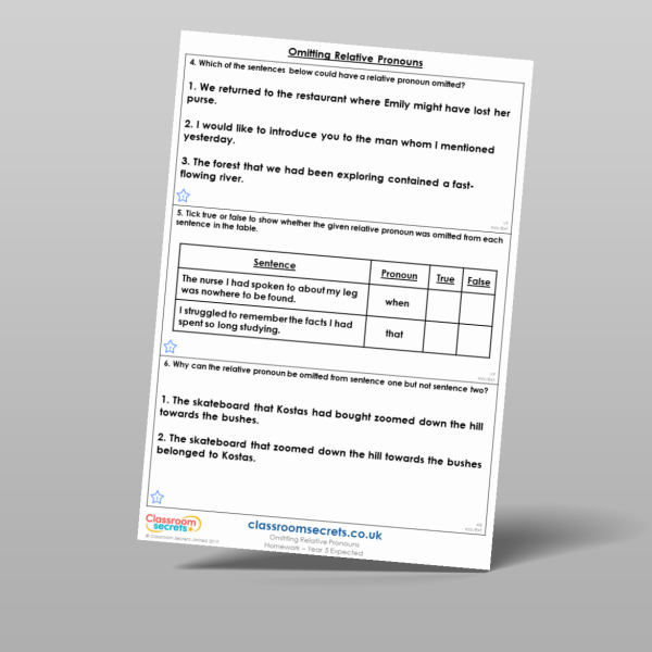 Year 5 Omitting Relative Pronouns Homework Resource | Classroom Secrets