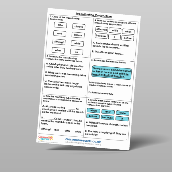 Year 3 Subordinating Conjunctions Mixed Activity Resource Classroom Secrets