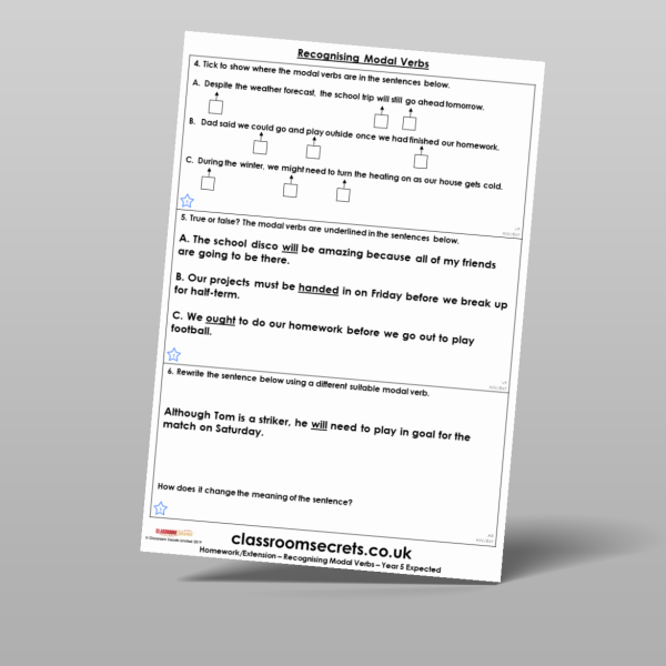 Year 5 Modal Verbs Homework Resource | Classroom Secrets