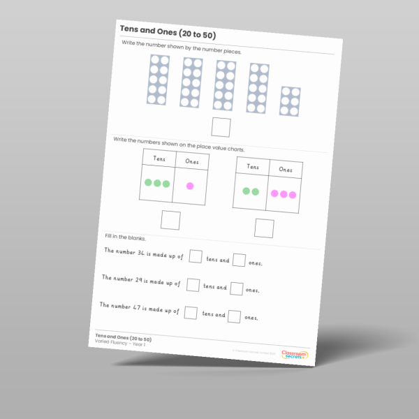 Year 1 Tens And Ones 20 To 50 Varied Fluency Resource | Classroom Secrets